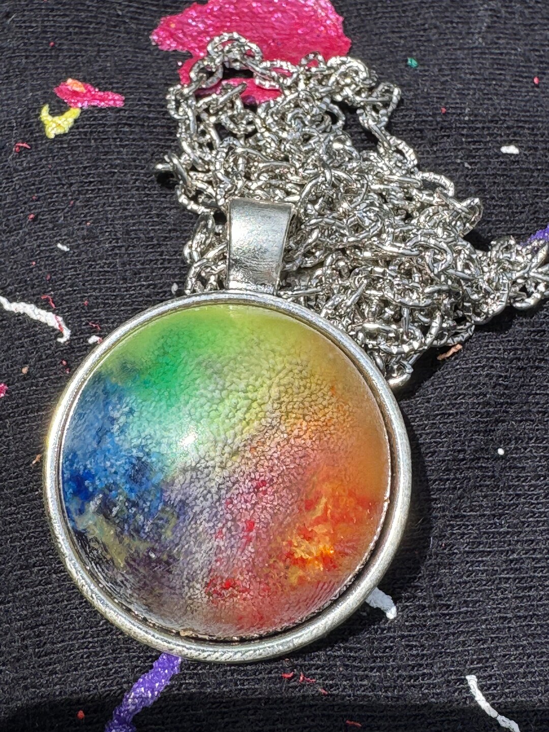 Rainbow Pride Petri Style Clear Half Sphere Pendant With Long Silver ...
