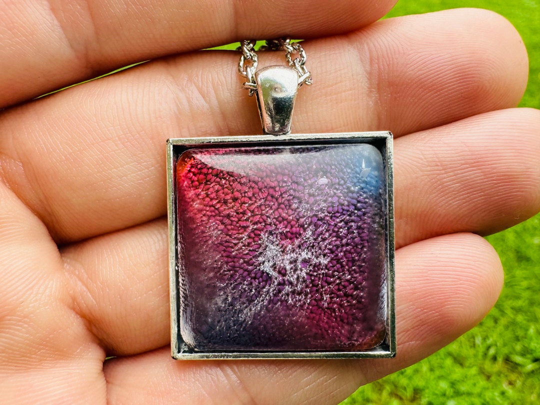 Square Blue and Purple Petri Cat Eye Resin Pendant on Silver Bezel With ...