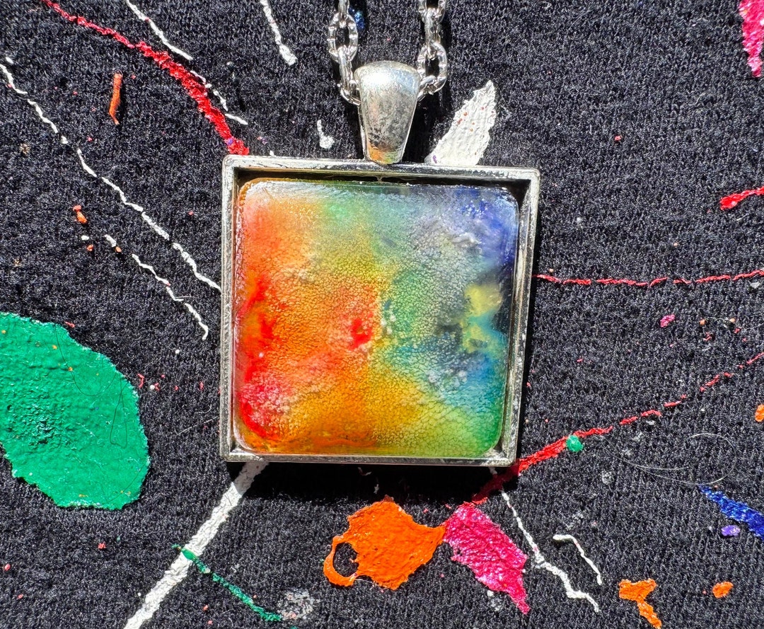 Square Rainbow Pride Petri Style Resin Pendant on Silver Bezel With ...
