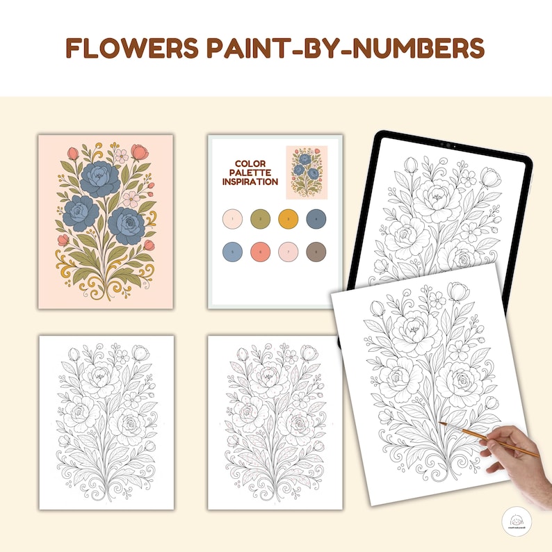 15 Flowers Paint by Numbers Bundle, Floral Coloring Pages, Adults Color ...