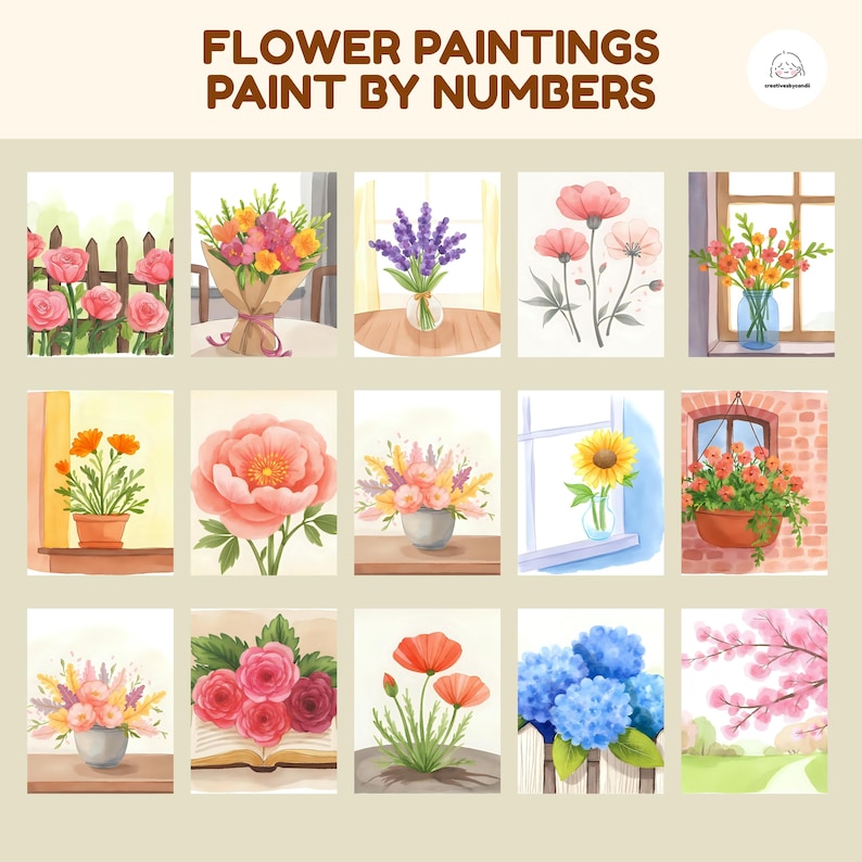 15 Flower Paintings Color by Number Pages, Floral Paint by Numbers ...