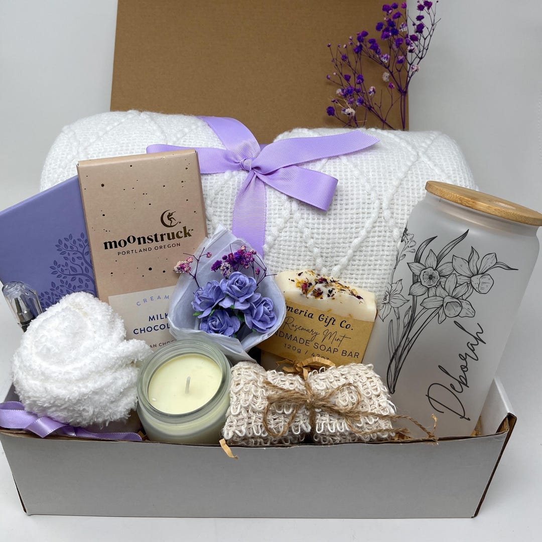 Pampering Gift Basket for Her: Personalized Glass, Cozy Blanket ...