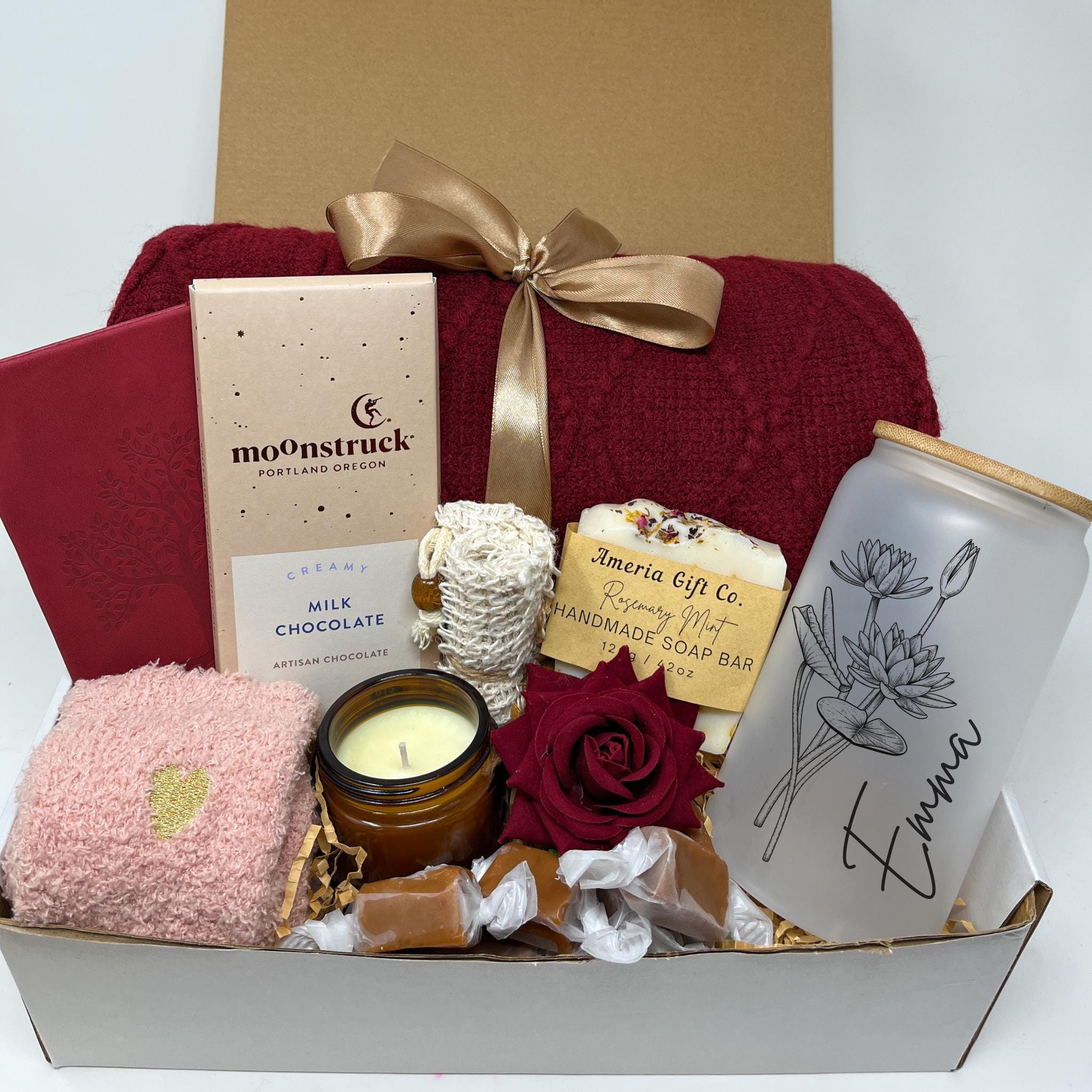 Comfort Gift Box, Spa Package for Her: Personalized Glass, Cozy Blanket ...