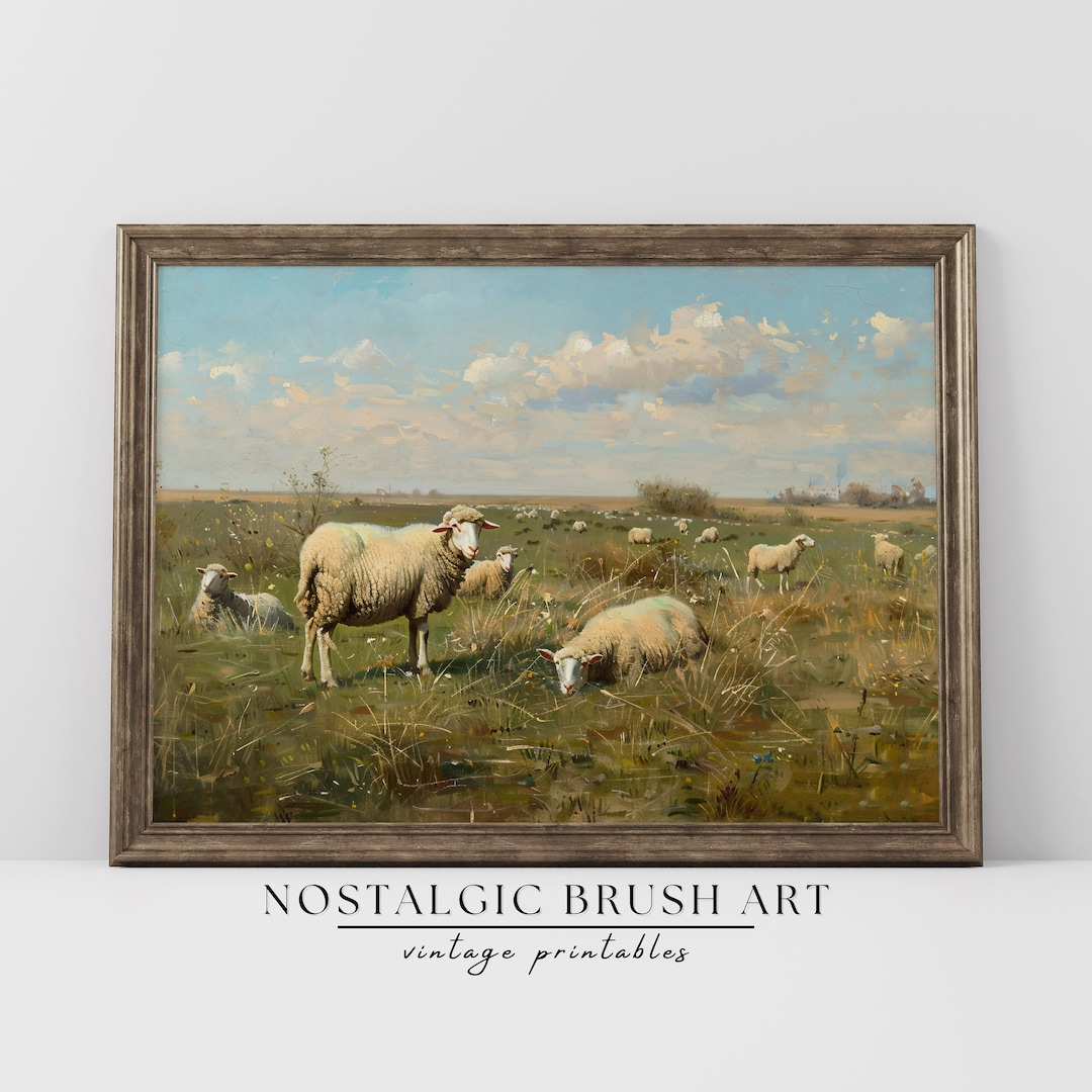 Vintage Sheep Print Hello Spring, Earth Tone Prints, Moody Painting ...