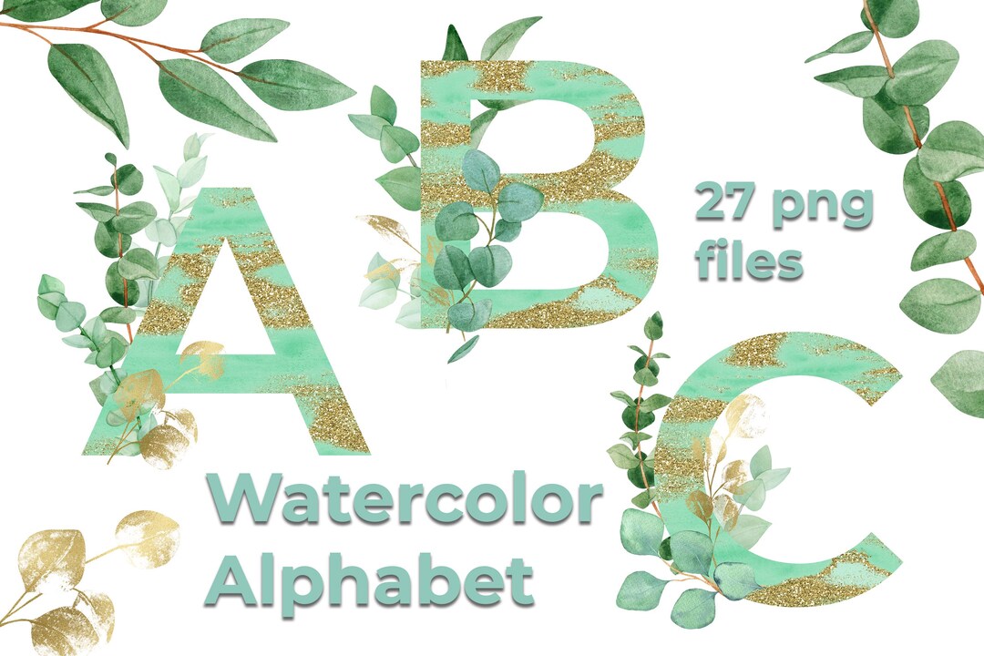 Watercolor Green Alphabet With Golden Glitter and Eucalyptus Branches ...