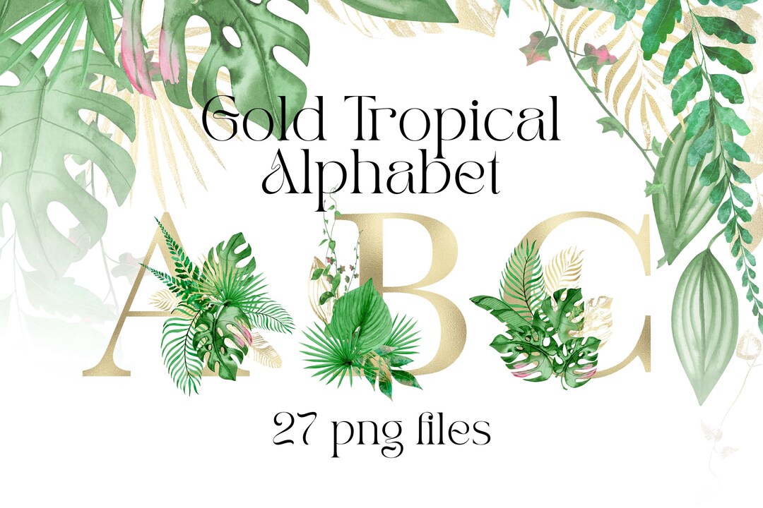 Watercolor Gold Tropical Alphabet, Watercolor Monogram, Green and Gold ...