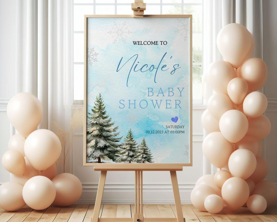 Welcome Sign Editable Canva Template,blue Snowy Wonderland Baby Shower ...
