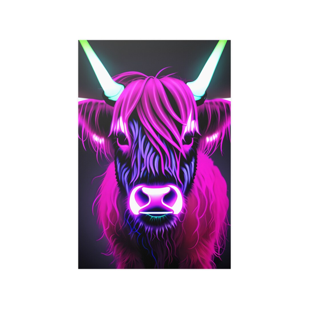Neon Synthwave Highland Cow, Wall Art Print Poster - Etsy