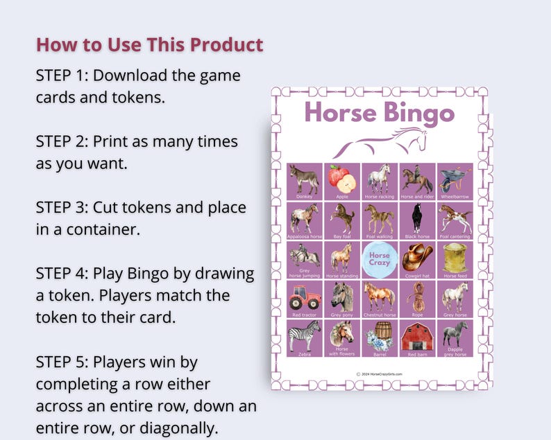 Horse Bingo Game, Printable Horse Bingo Cards, Horse Party Game, Horse ...