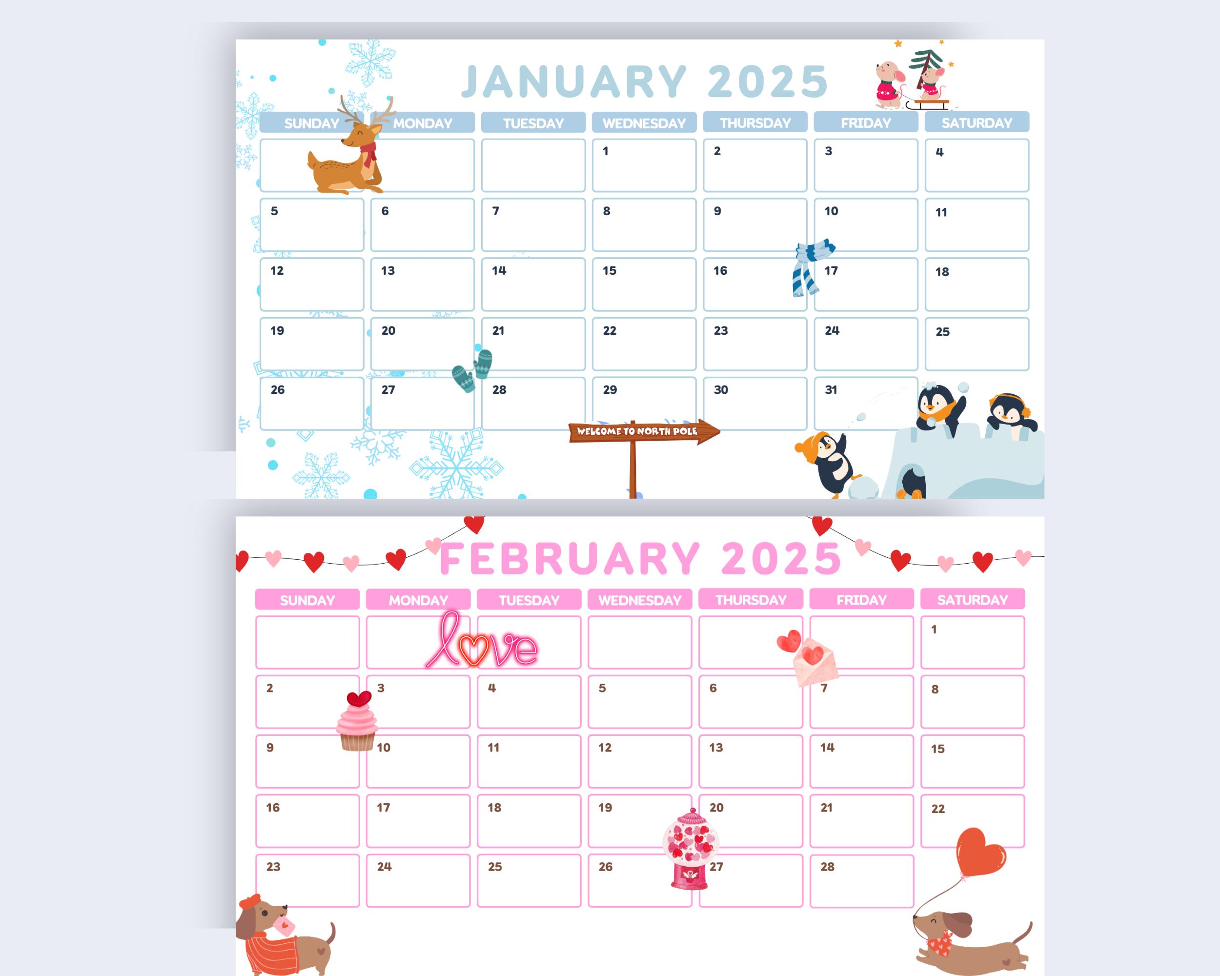 2025 Calendar Printable for Kids, Cute Kids Calendar 2025, Homeschool ...