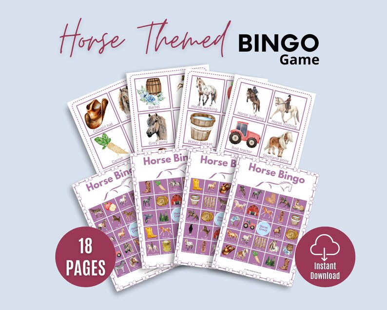 Horse Bingo Game, Printable Horse Bingo Cards, Horse Party Game, Horse ...