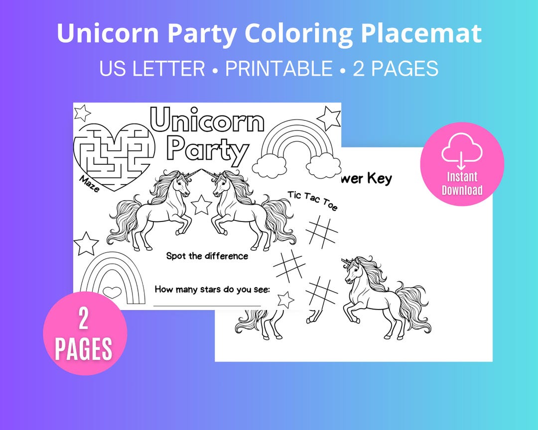 Unicorn Party Coloring Placemat, Coloring Activity, Printable Unicorn ...