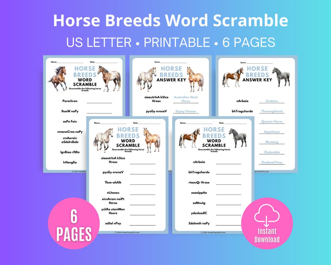 Horse Breeds Word Scrambles Game, Horse Word Scramble, Horse Word Game ...