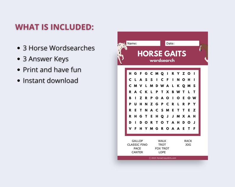 Horse Wordsearch, Horse Activity Page, Horse Birthday Game, Horse Camp ...
