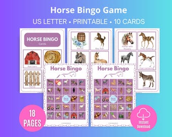 Horse Bingo Cards: Printable Bingo Cards, Kids Game Activity, Horse ...
