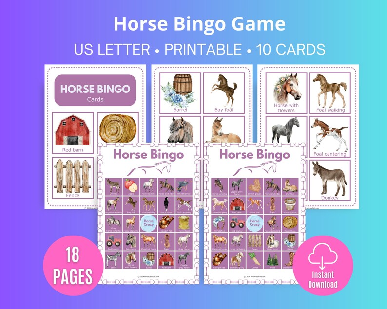 Horse Bingo Game, Printable Horse Bingo Cards, Horse Party Game, Horse ...