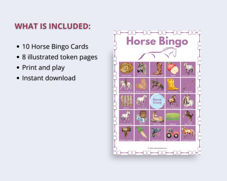 Horse Bingo Game, Printable Horse Bingo Cards, Horse Party Game, Horse ...