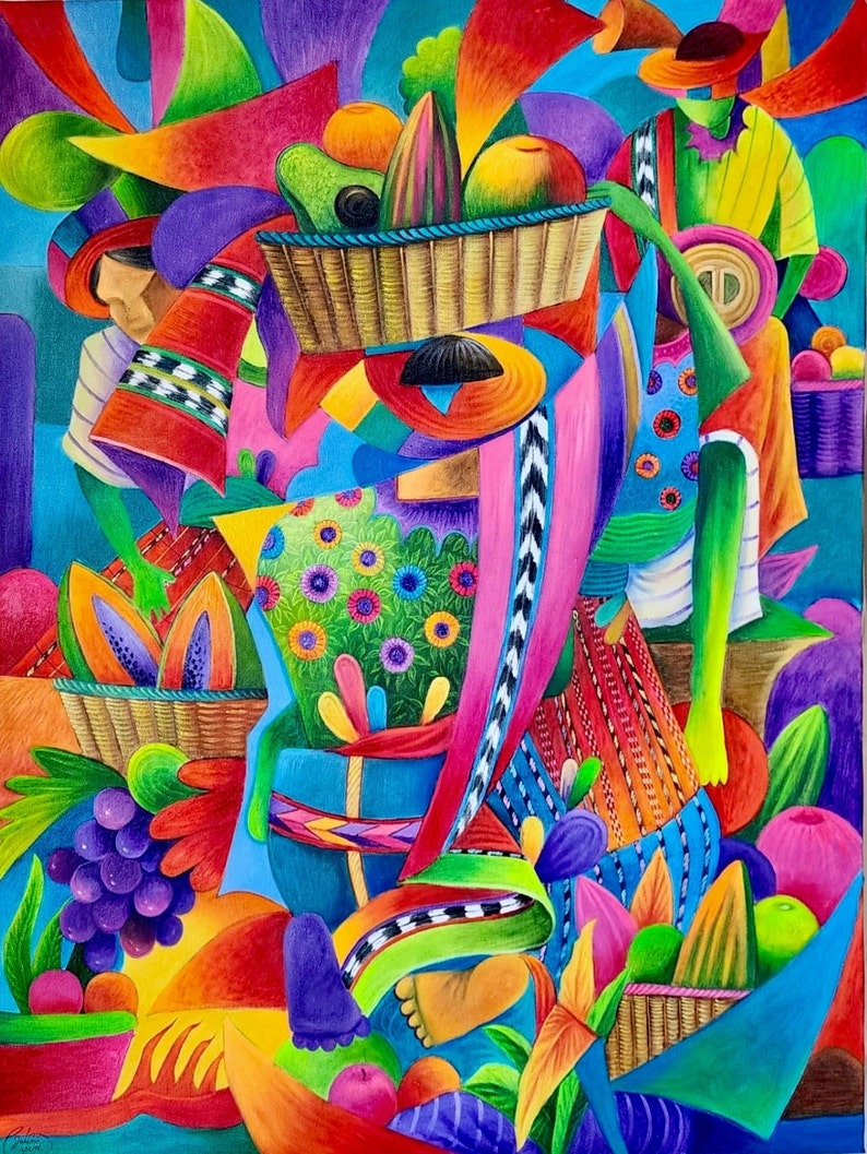Fruit Seller, Guatemalan Cubist Art Oil Painting, by the Famous Painter ...