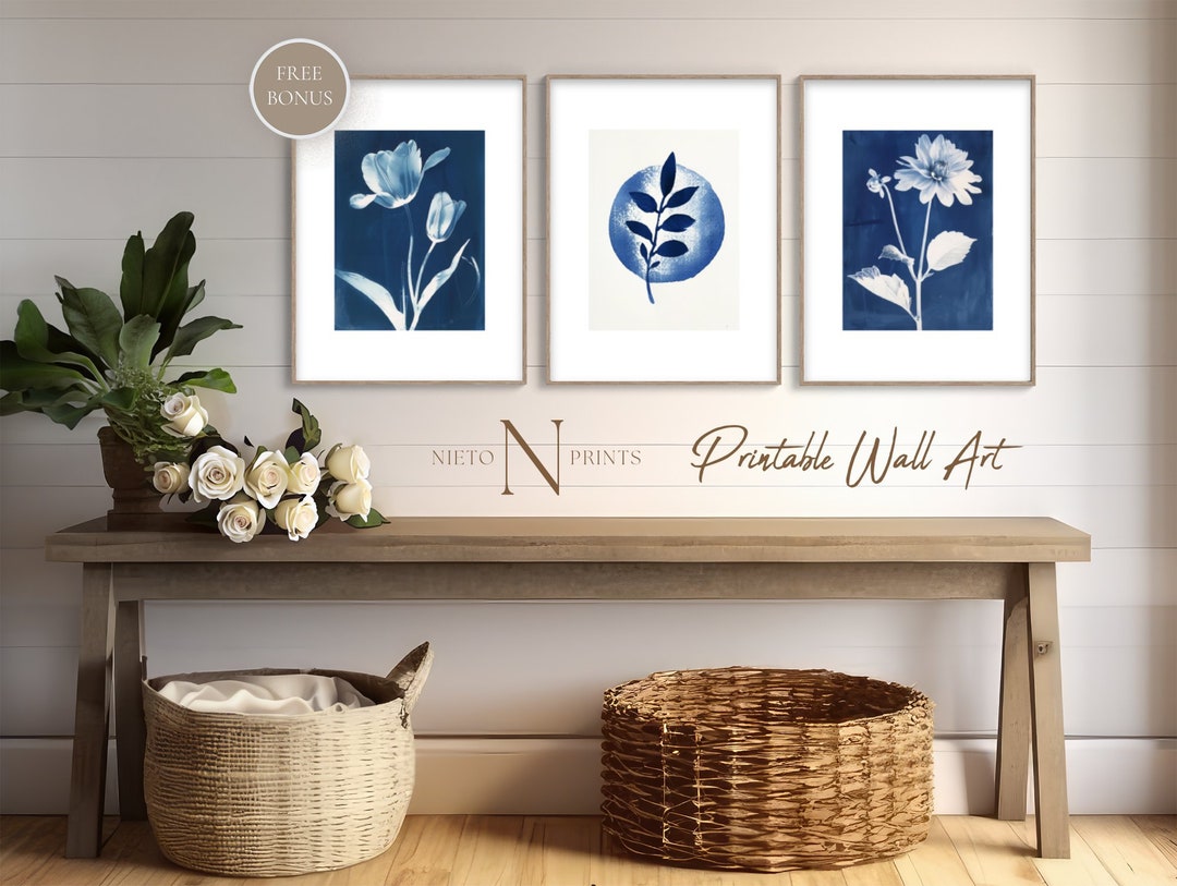 Navy Blue Triptych Wall Art, Cyanotype Digital Print Set, Botanical ...