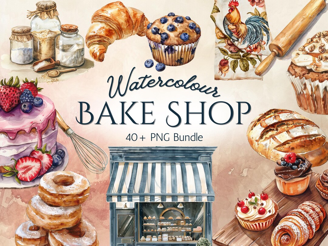 Watercolour Bakery Clipart | Bake Shop PNG Bundle | Rustic Baking ...