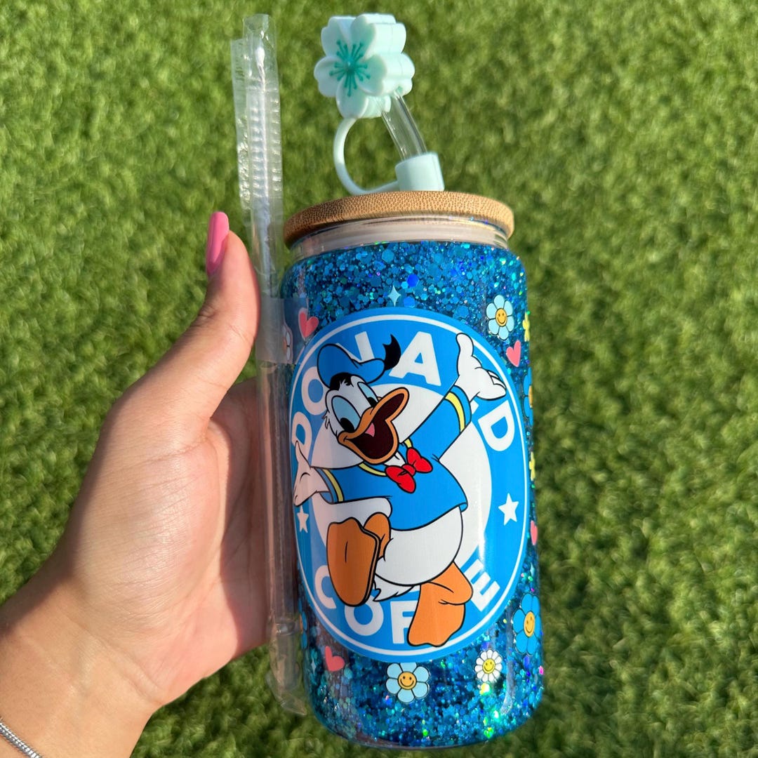 Donald Duck Glitter 2 Layer Glass Tumbler, Handmade, Donald Duck, Blue ...