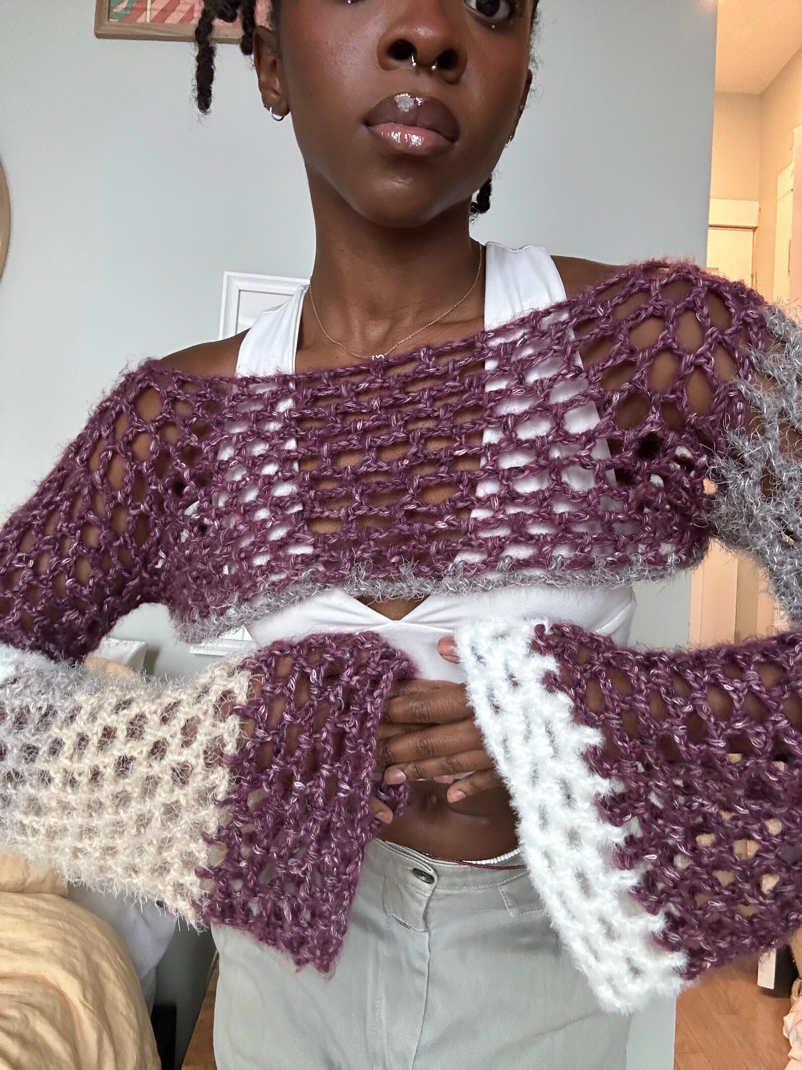 Handmade Crochet Fuzzy Shrug, Knitted Mesh Bolero, Long Sleeve Crop Top ...