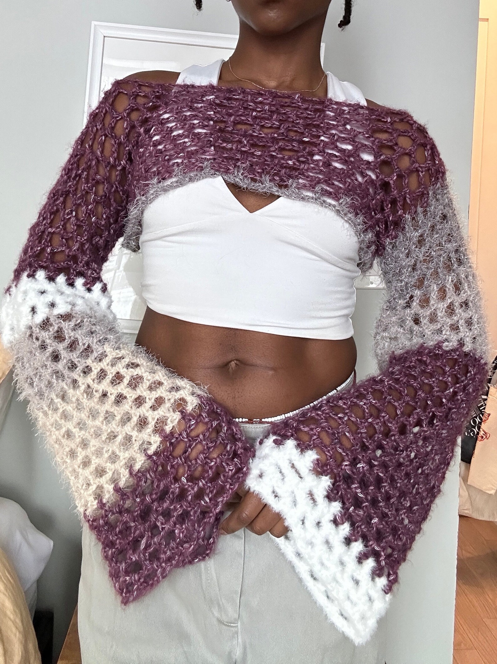 Handmade Crochet Fuzzy Shrug, Knitted Mesh Bolero, Long Sleeve Crop Top ...