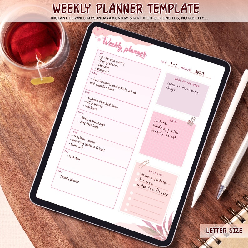 Weekly Planner Goodnotes Template, Cute Pink Weekly Planner Page ...