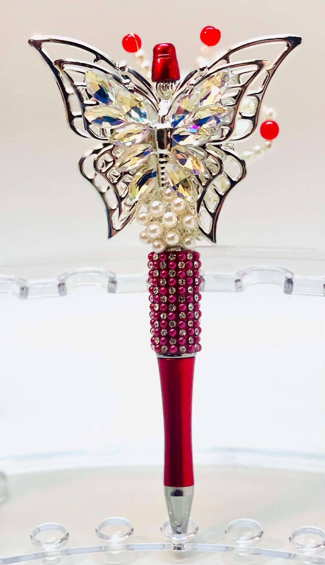 Oversized Silver Butterfly Beaded Pen: Pearl & Rhinestone Accent - Etsy