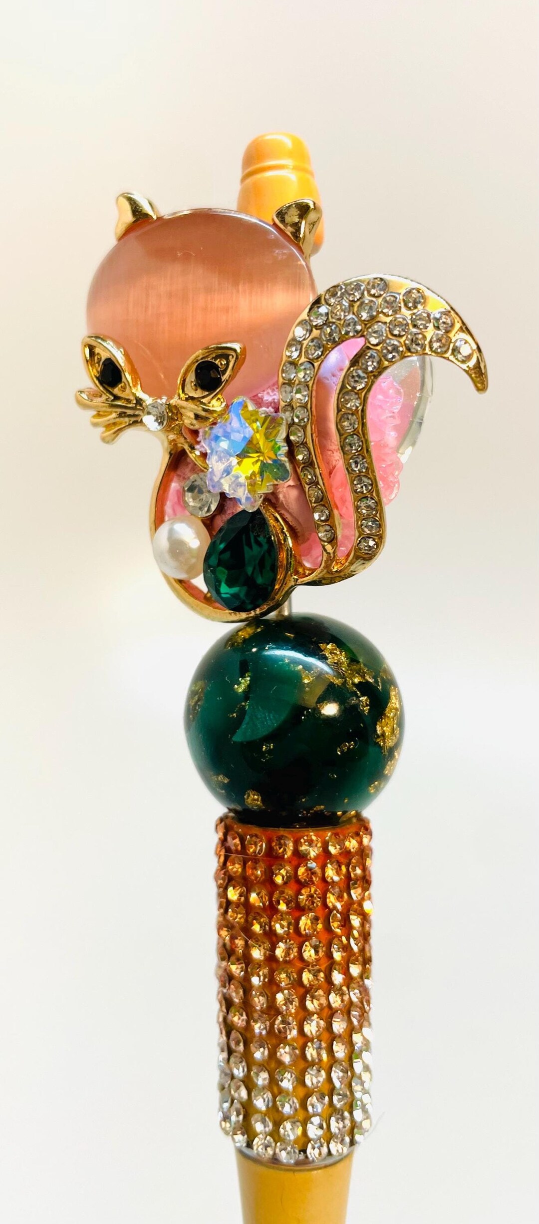 Five Head Cat Fancy Cat Bead W/zircons, Large Green Marble Round Bead W ...