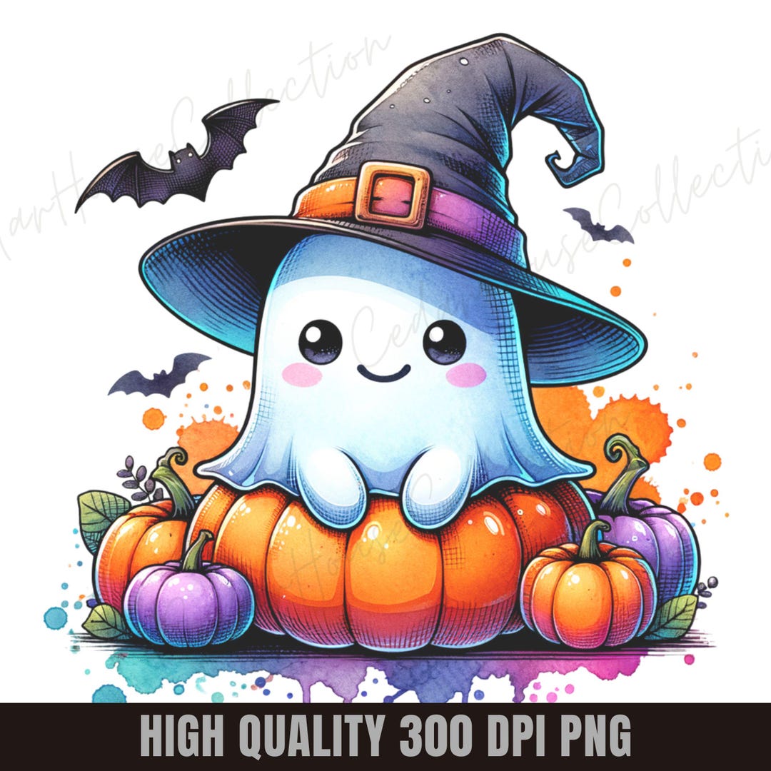 Cute Halloween Ghost Watercolor PNG, Cute Summerween Clipart Spooky ...