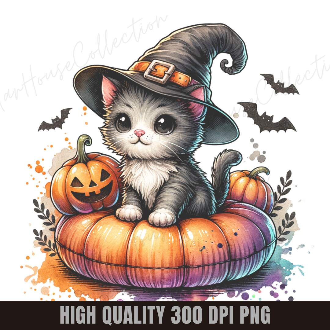 Cute Halloween Cat Watercolor PNG, Cute Summerween Clipart Spooky Vibes ...