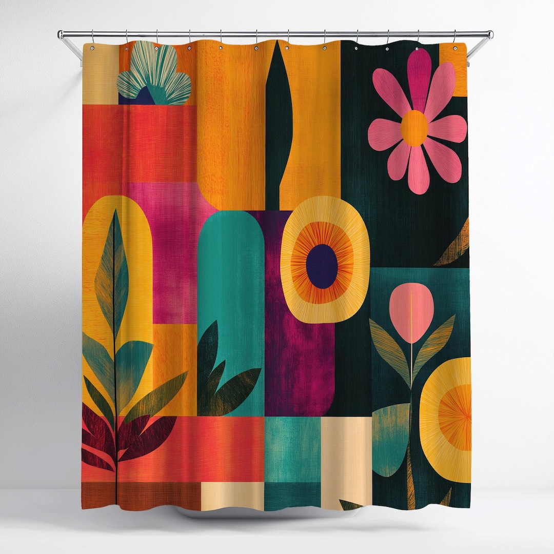 Vibrant Boho Floral Shower Curtain - Retro Botanical Bathroom Decor - Etsy