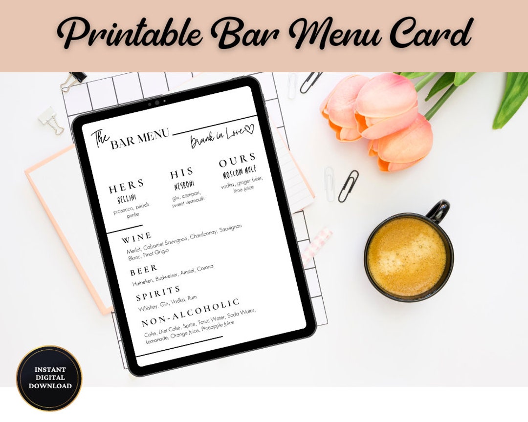 Printable Bar Menu Card, Wedding Drink Menu, Minimalist Menu Card ...