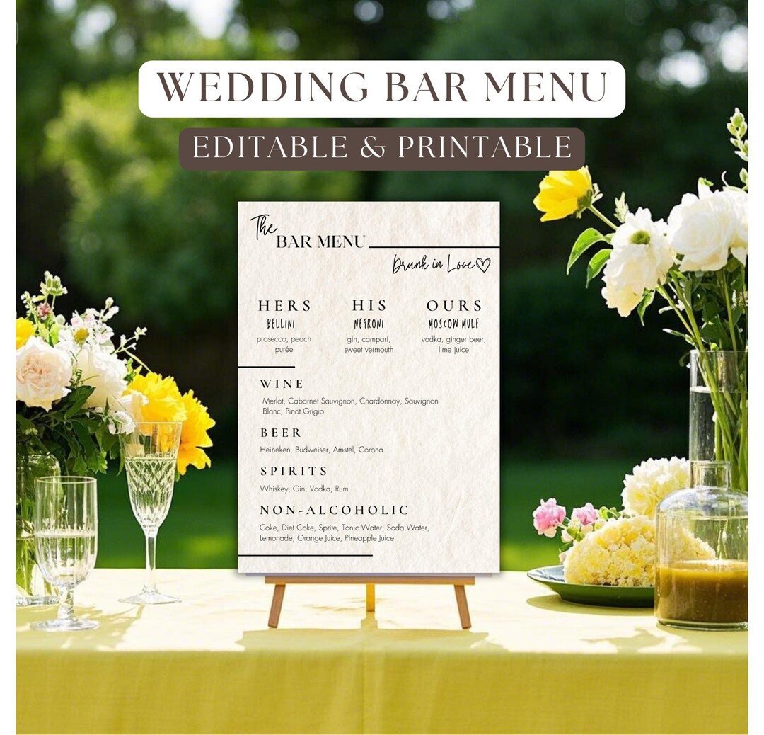 Printable Bar Menu Card, Wedding Drink Menu, Minimalist Menu Card ...