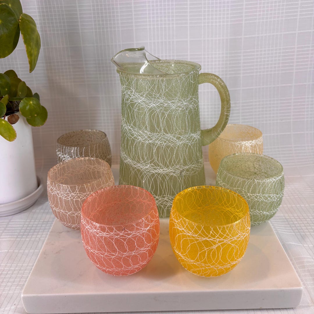 Vintage Mid-century Modern Spaghetti String Glass Pitcher and Tumbler ...