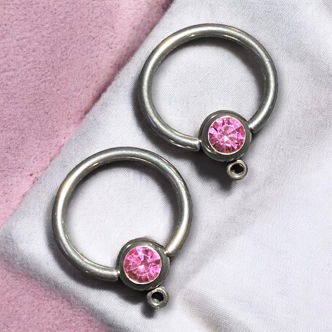 Add a Charm Nipple Rings With PINK Crystal 12G Captive Beads Rings SET ...