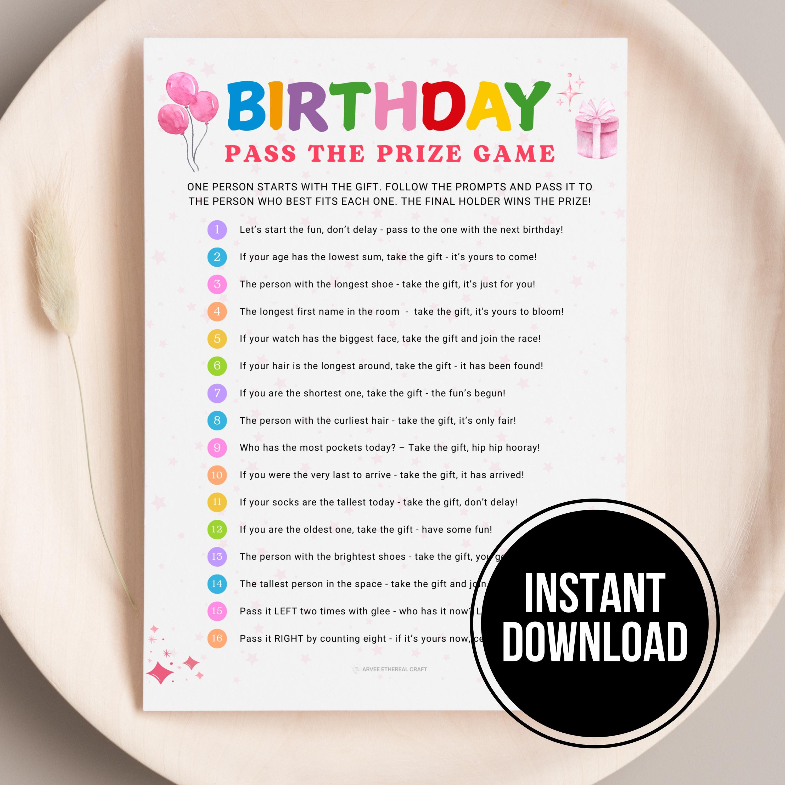Birthday Pass the Prize Games, Printable Kids Girl Birthday Party Games ...