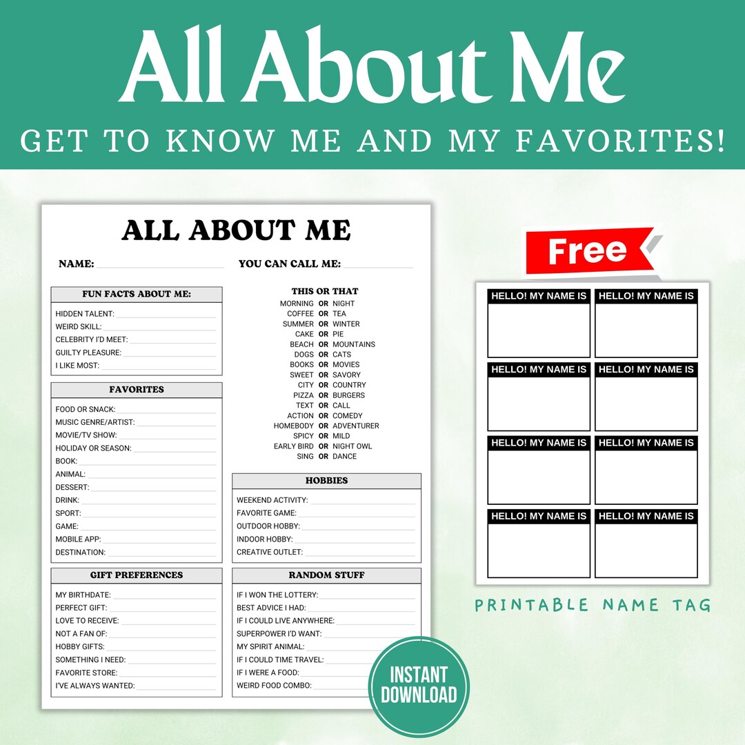 All About Me, Favorite Things List, Employee Favorites List, Get to ...