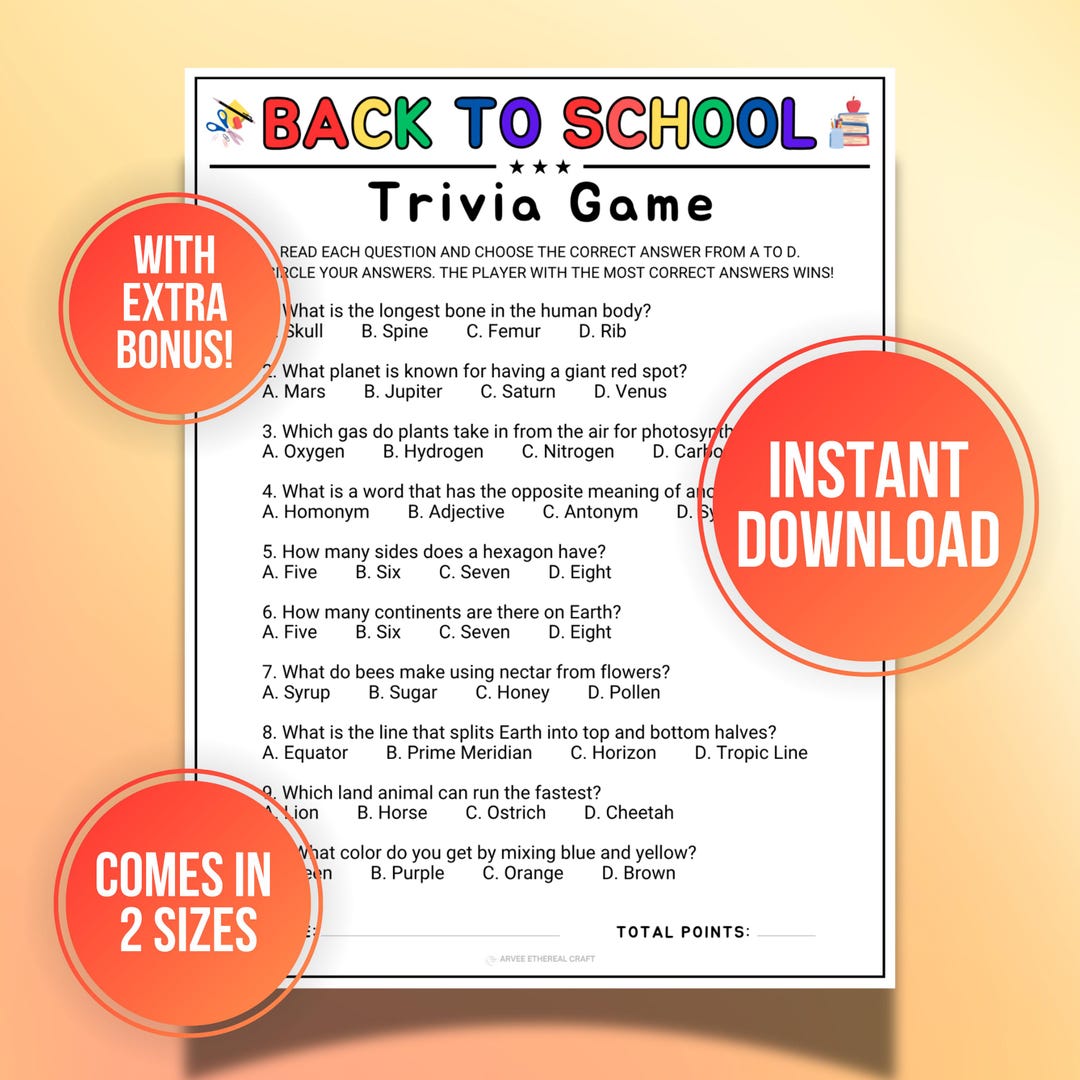 Printable Back to School Trivia Game, General Knowledge Quiz Game, Fun ...