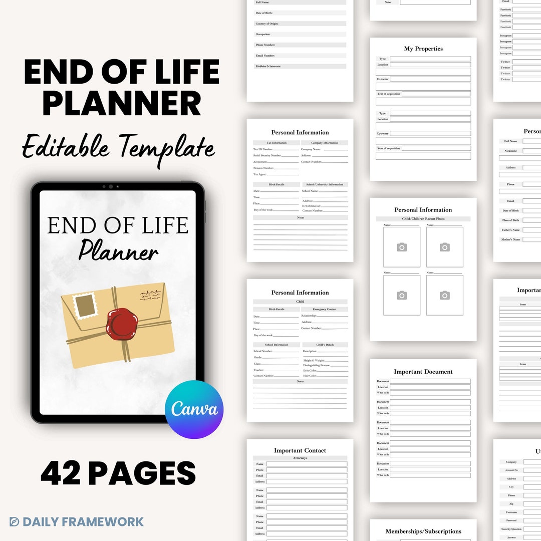 End of Life Planner Printable, Memorial Funeral Favors, in Case of ...