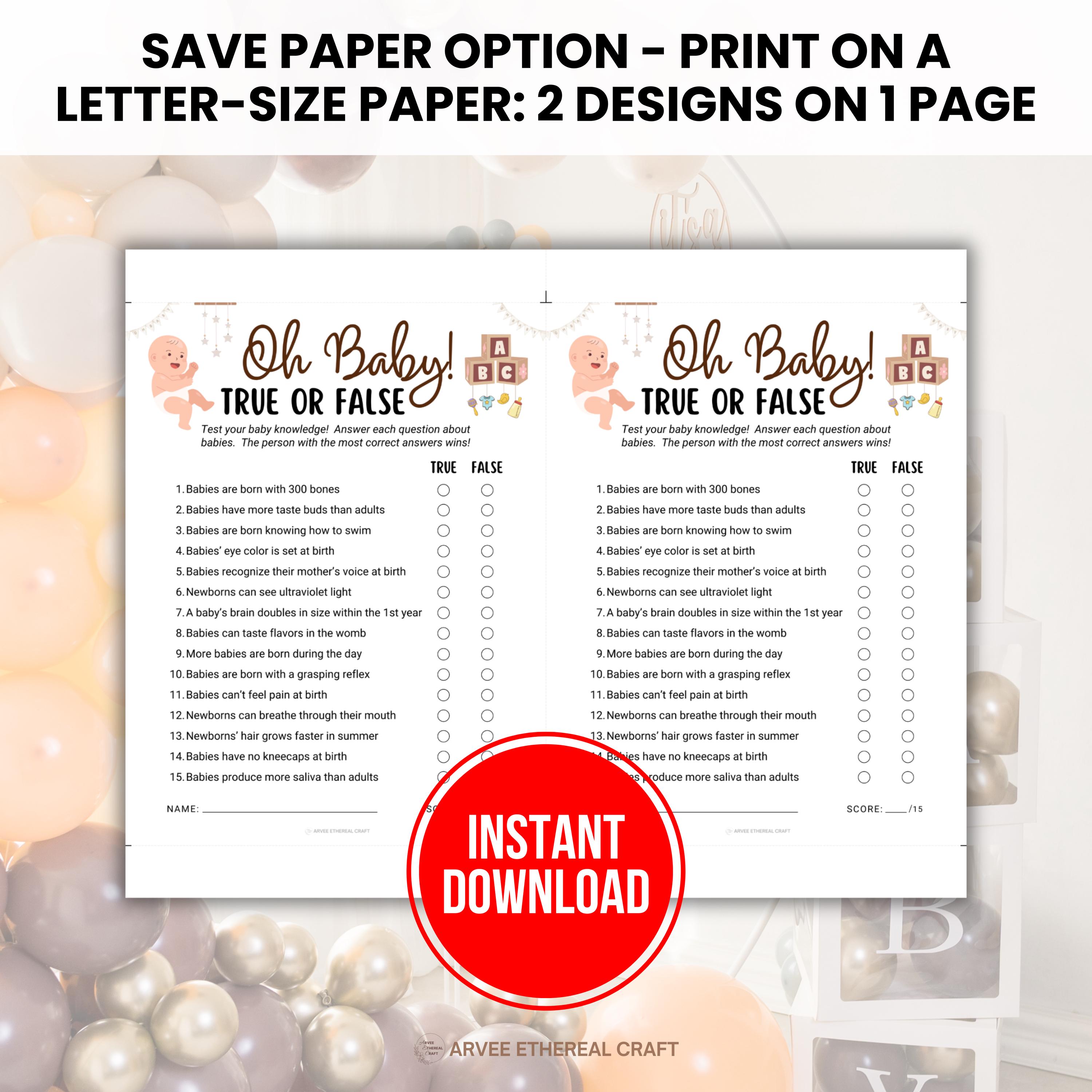 Oh Baby True or False Baby Shower Game, Printable Virtual Baby Shower ...