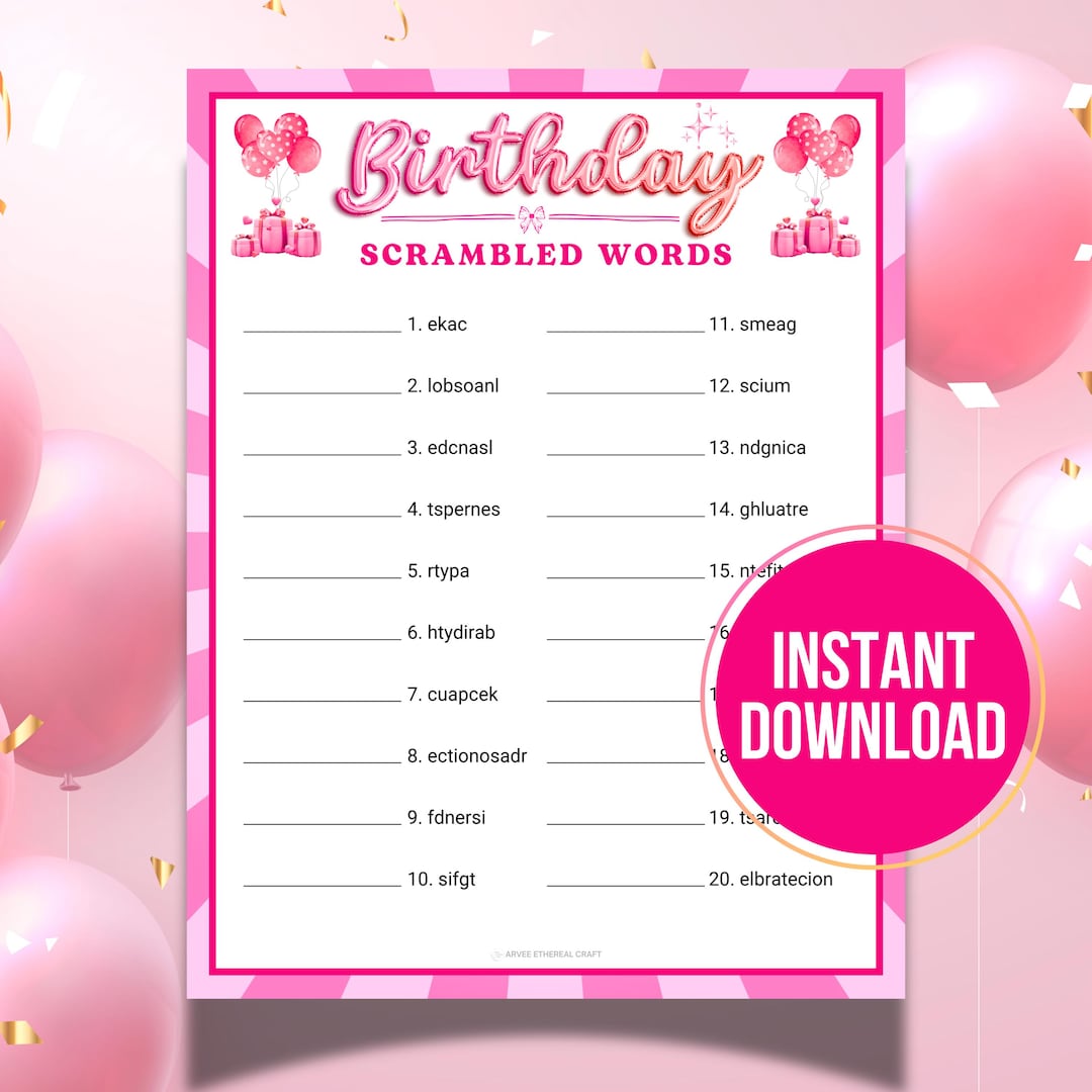 Birthday Scrambled Words Game, Printable Jumbled Words Game, Kids Word ...