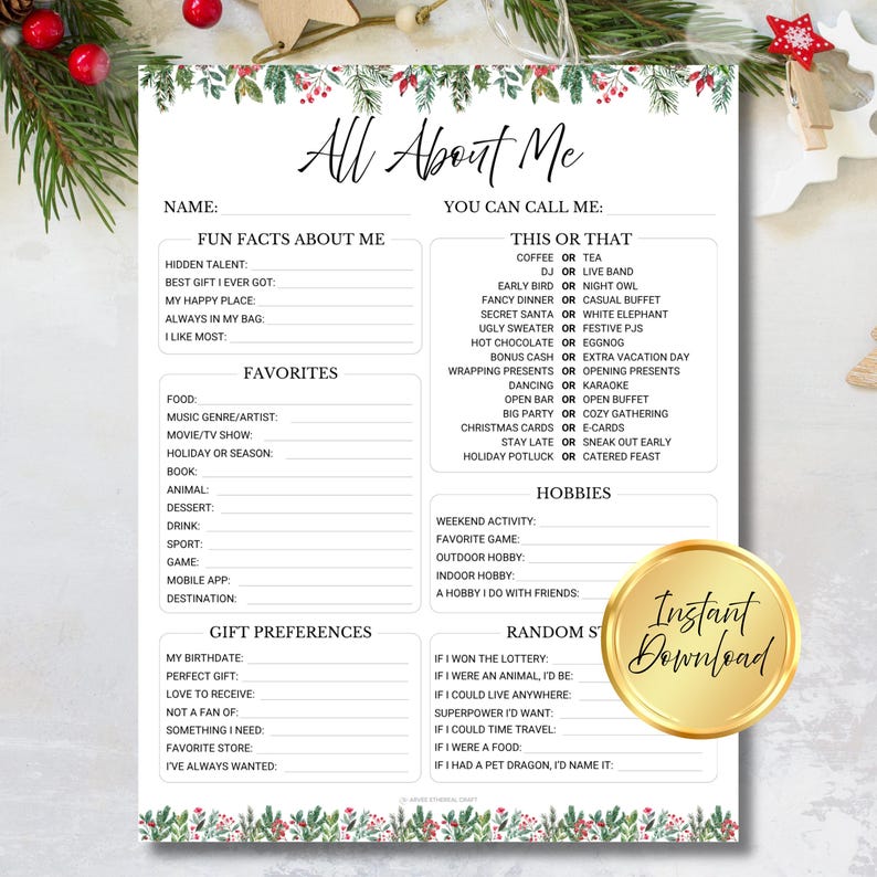 All About Me, Printable Favorite Things List, Office Team Building ...