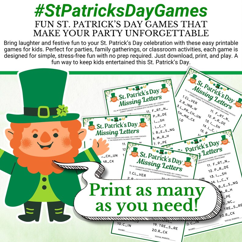Printable St Patrick's Day Missing Letters Game, Fill in the Blanks ...