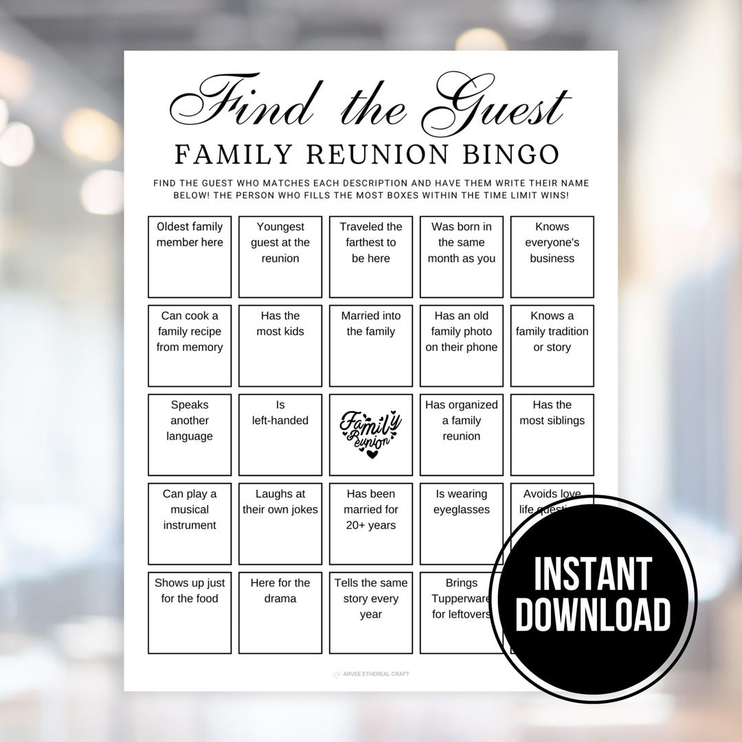 Family Reunion Find the Guest Bingo, Printable Find Someone Who Bingo ...