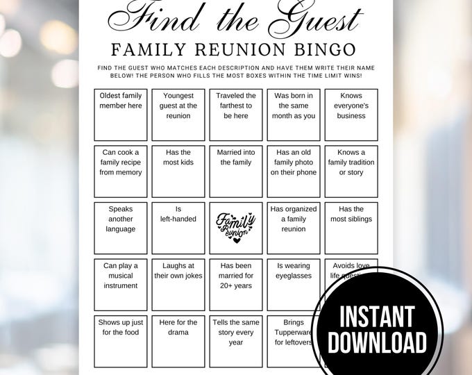 Editable Family Reunion Bingo, Family Reunion Games, Find the Guest ...