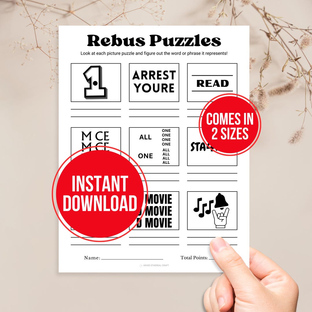 Rebus Brain Teasers Printable, Picture Puzzle Quiz Game, Word Puzzles ...
