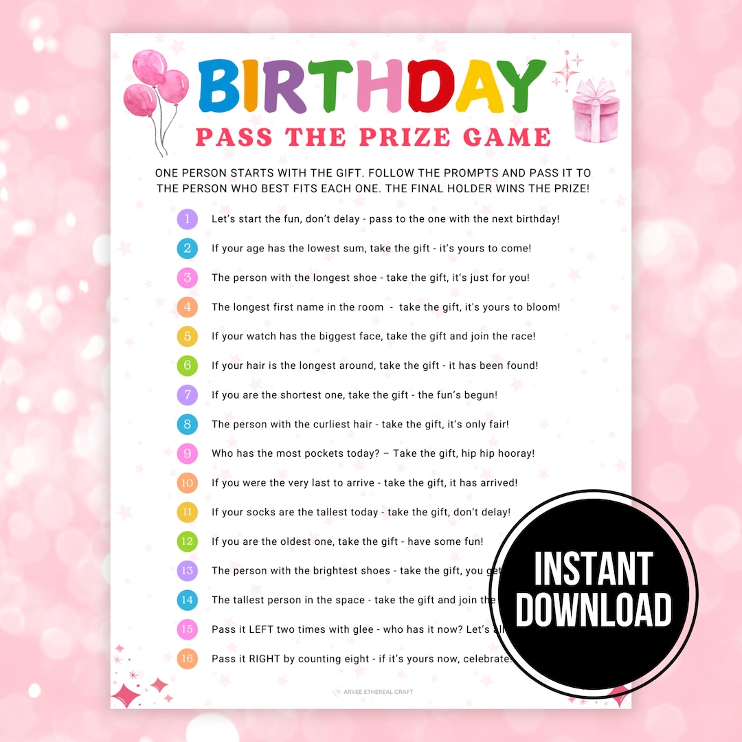 Pass the Prize Games Birthday, Printable Kids Girl Birthday Party Games ...