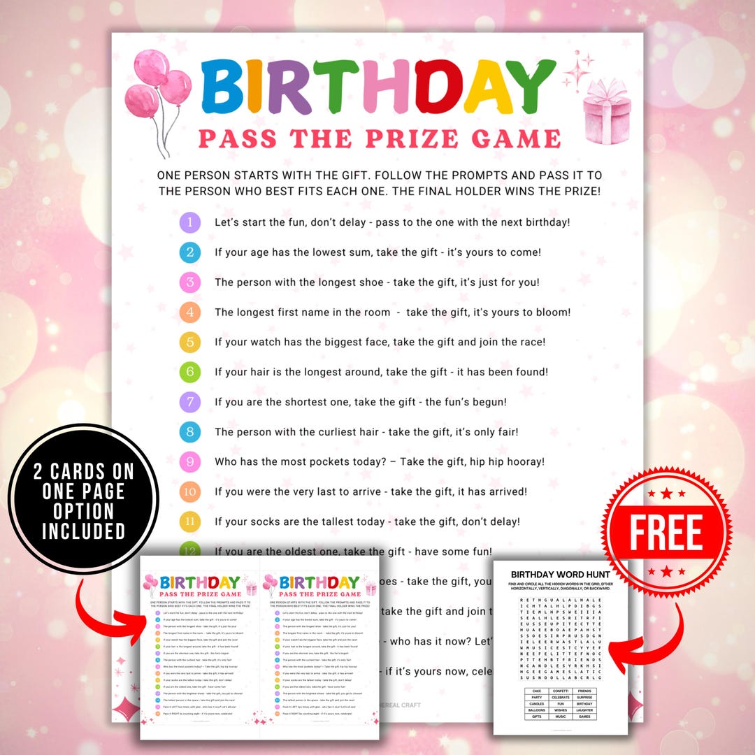 Birthday Pass the Prize Games, Printable Kids Girl Birthday Party Games ...
